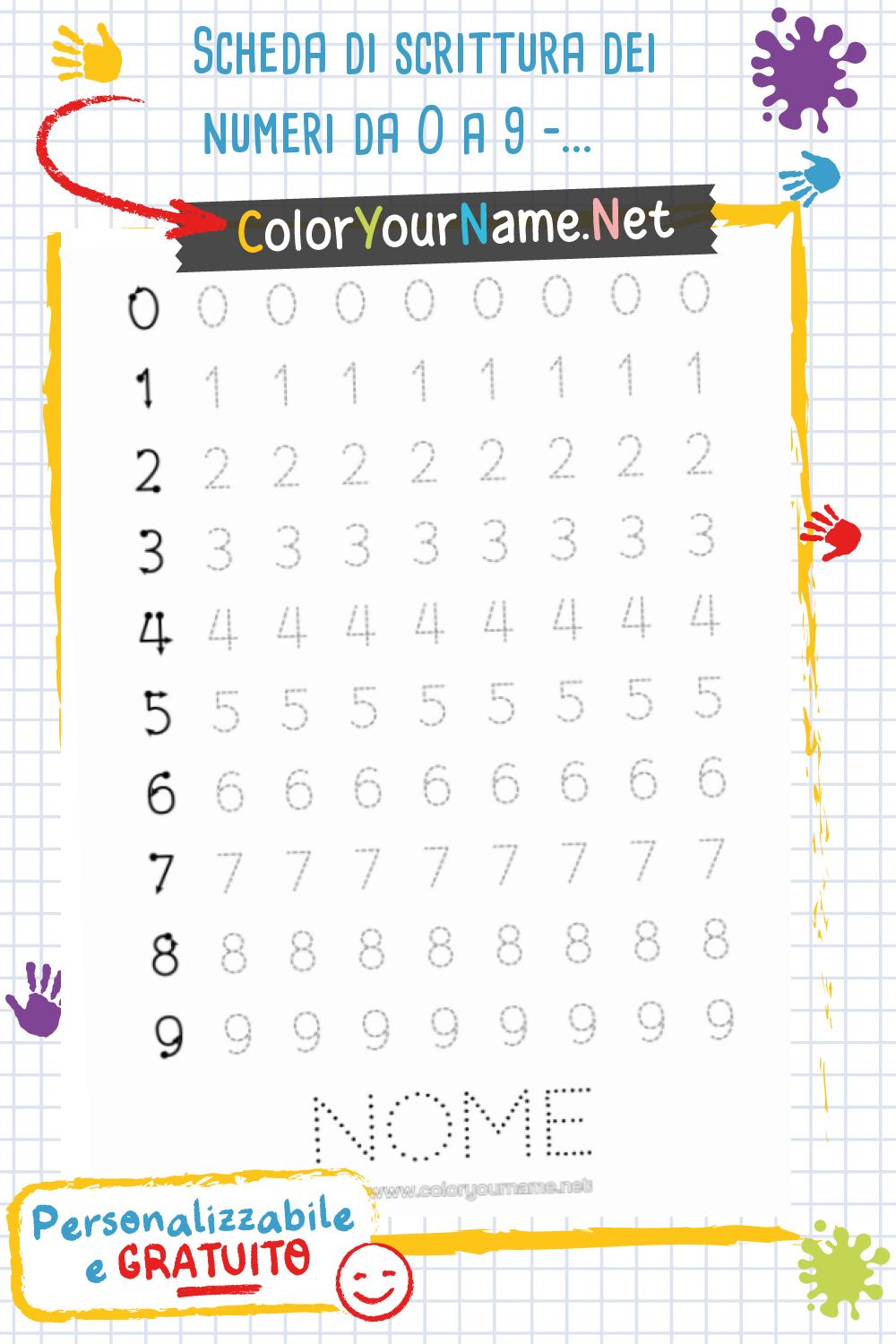 Scheda di scrittura dei numeri da 0 a 9 – Da tracciare e personalizzare