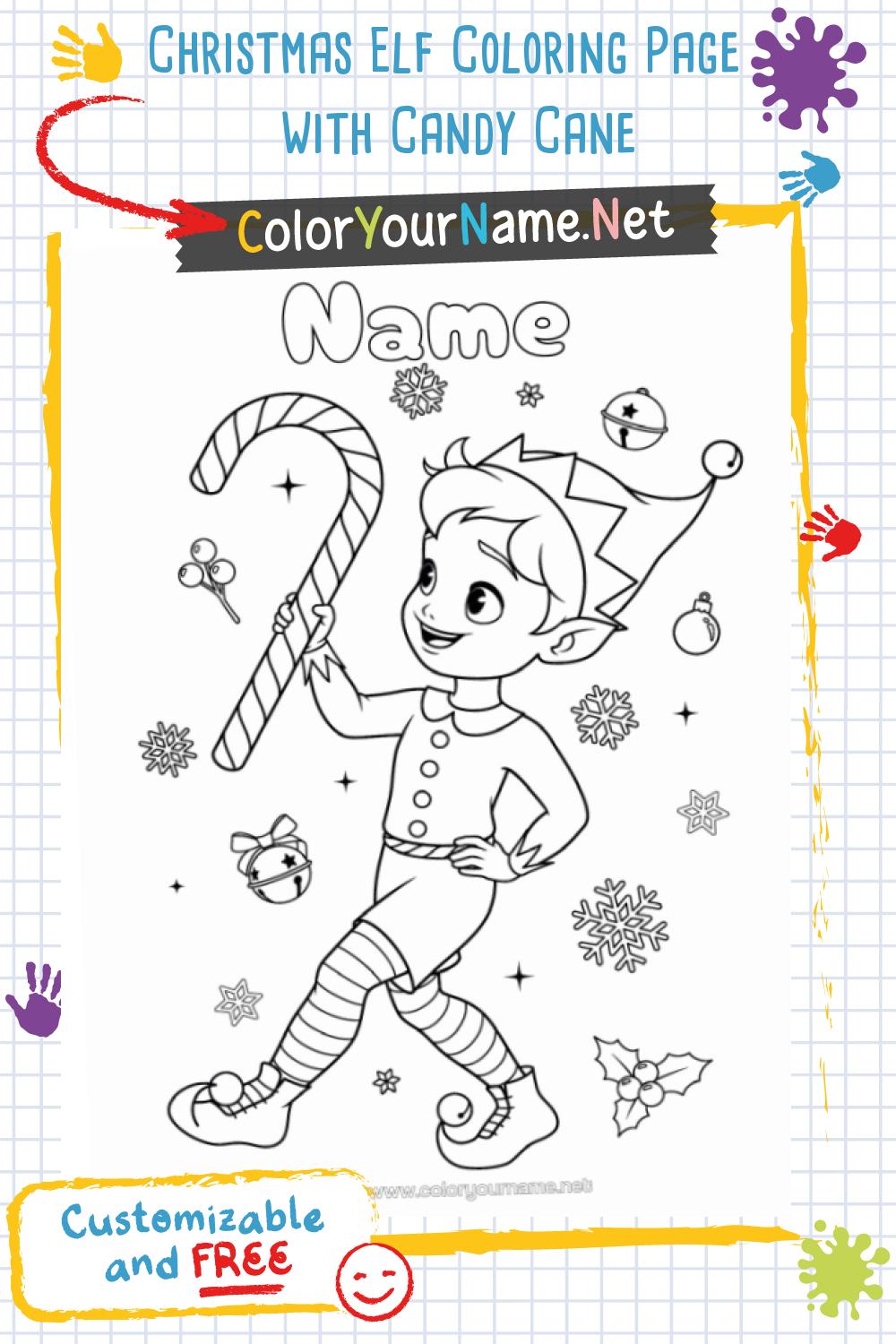 Christmas Elf Coloring Page with Candy Cane