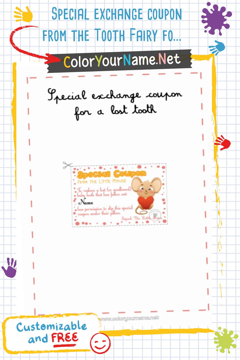 Special exchange coupon from the Tooth Fairy for a lost tooth.