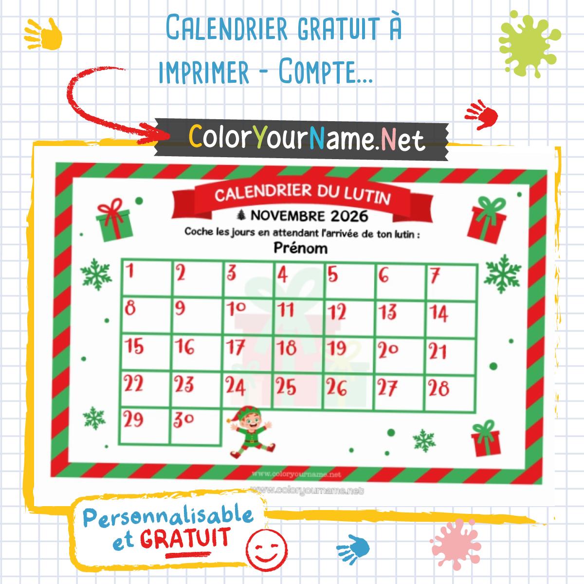 Calendrier gratuit à imprimer – Compte à rebours du lutin farceur