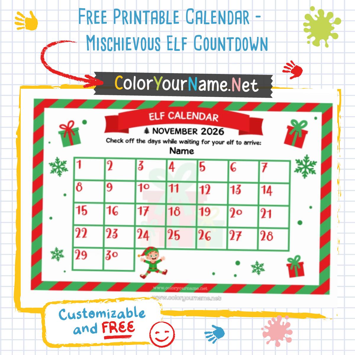 Free Printable Calendar – Mischievous Elf Countdown