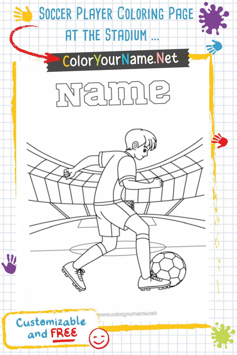 Soccer Player Coloring Page at the Stadium – Customizable with Name