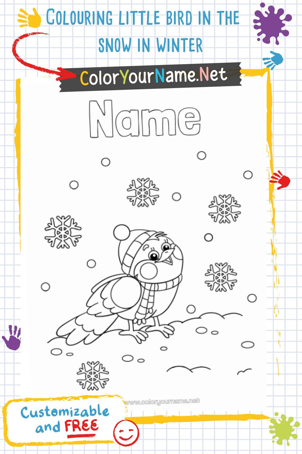 Colouring little bird in the snow in winter