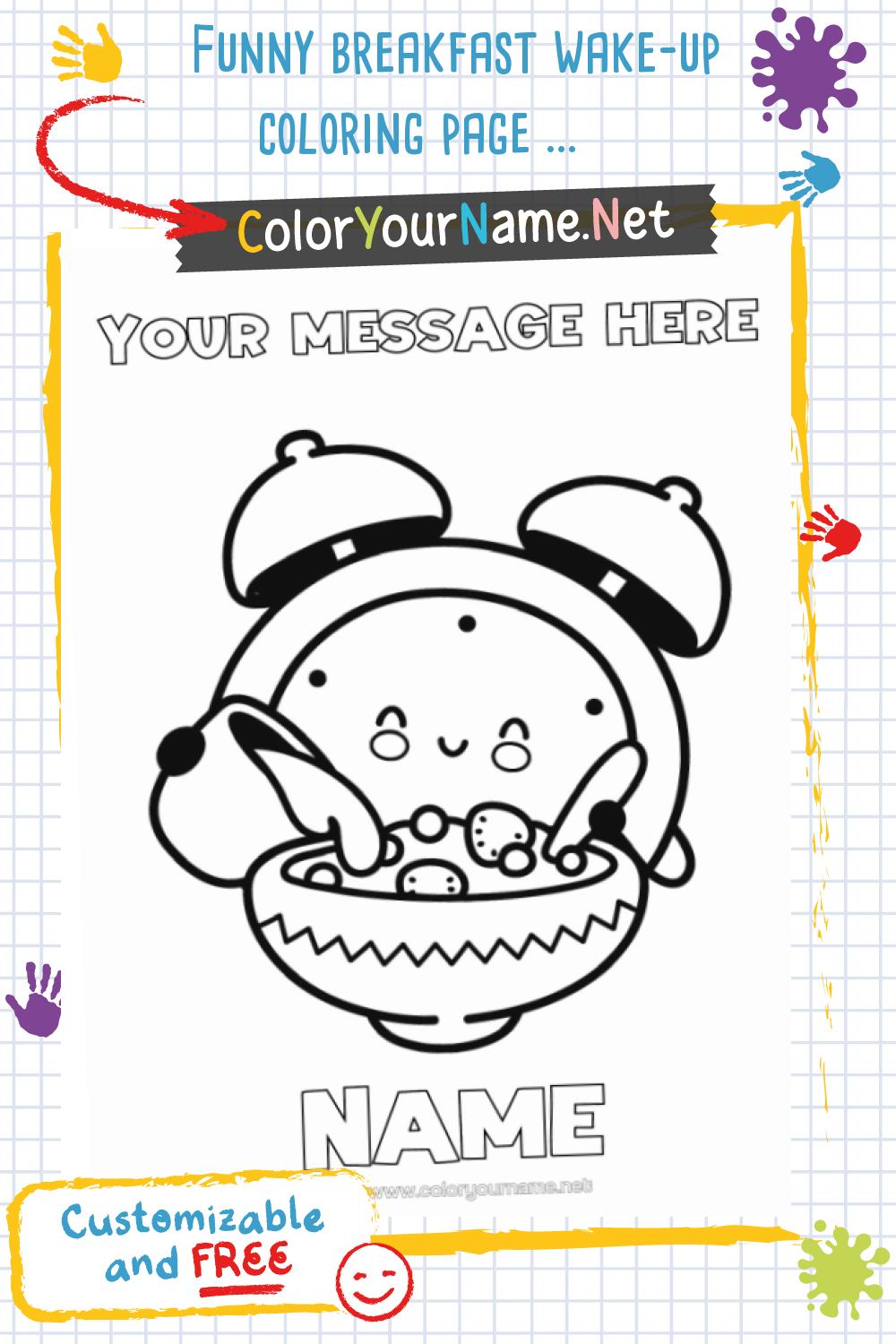 Funny breakfast wake-up coloring page – customizable with a name.