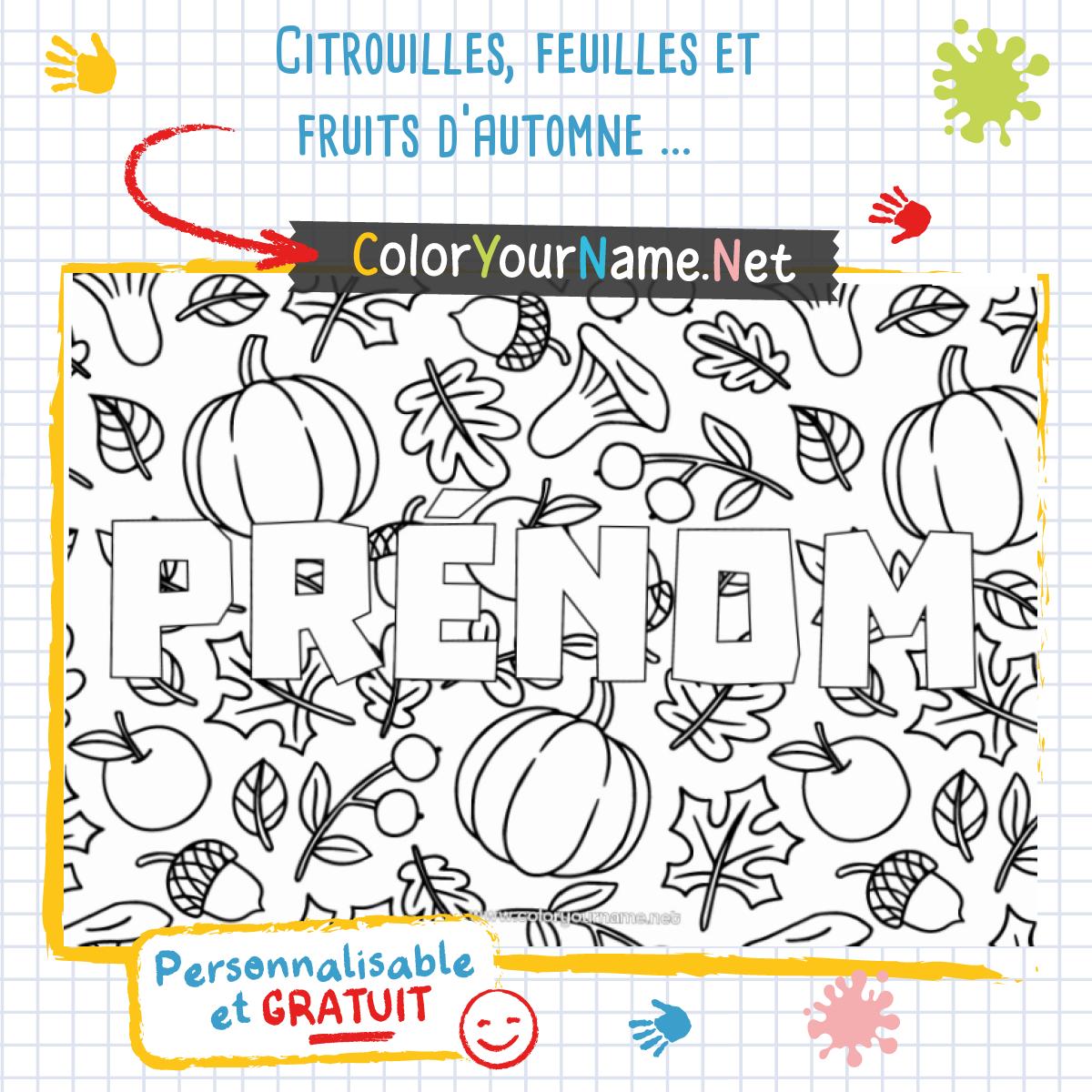 Citrouilles, feuilles et fruits d’automne – Coloriage prénom ...