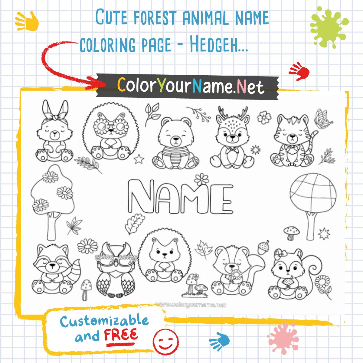 Cute forest animal name coloring page – Hedgehog, fox, owl, squirrel to ...