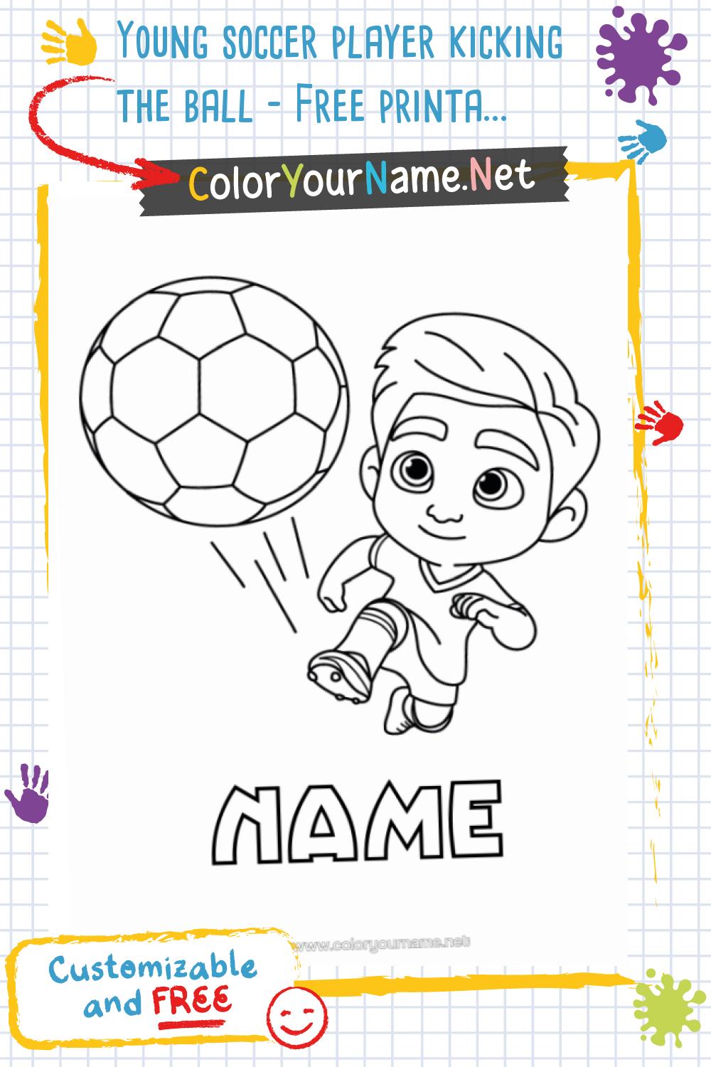 Young soccer player kicking the ball – Free printable name coloring page
