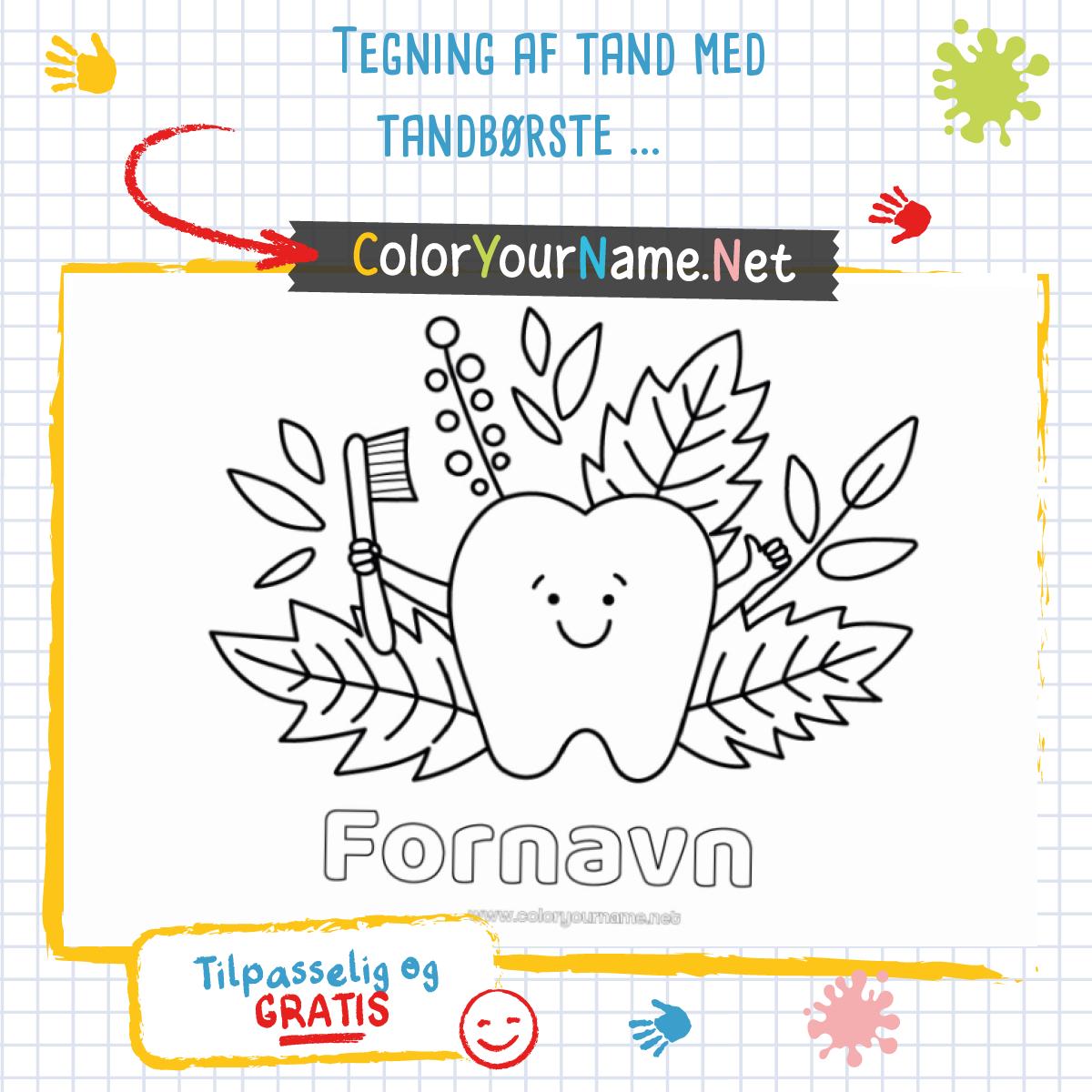 Tegning af tand med tandbørste til udskrivning – Tandpleje med ...
