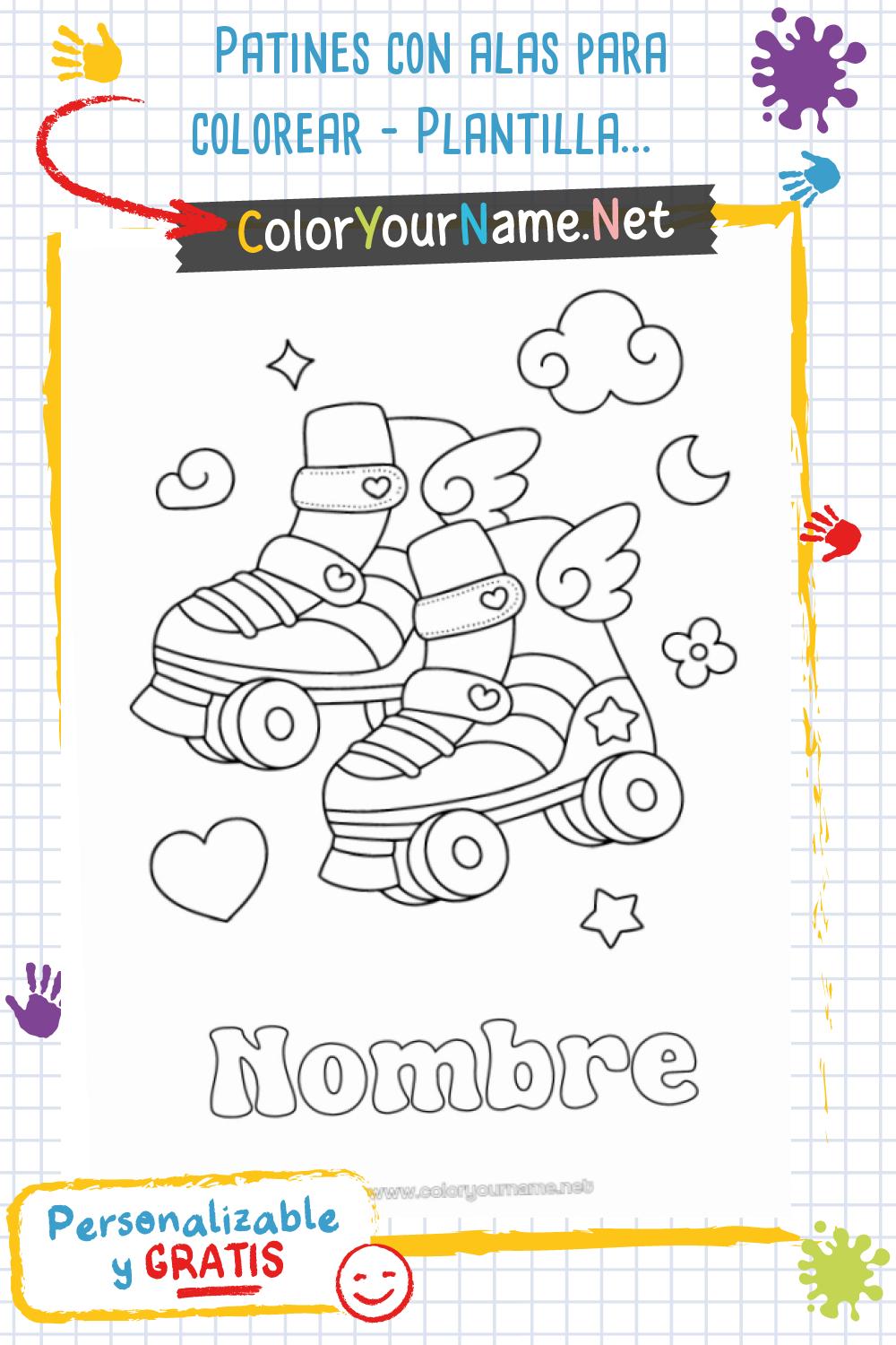 Patines con alas para colorear - Plantilla de nombre gratis para imprimir