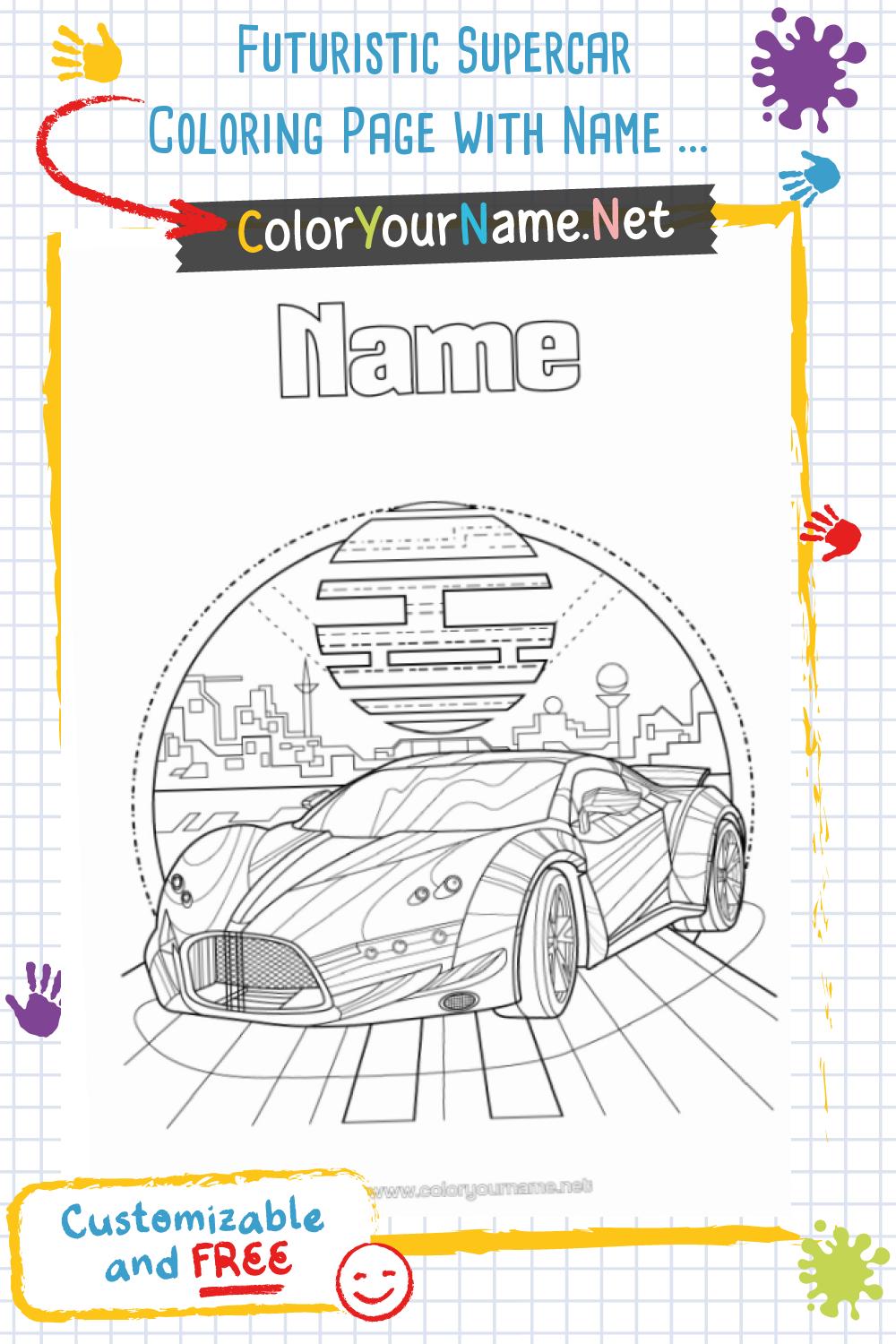 Futuristic Supercar Coloring Page with Name – Personalized Sports Car