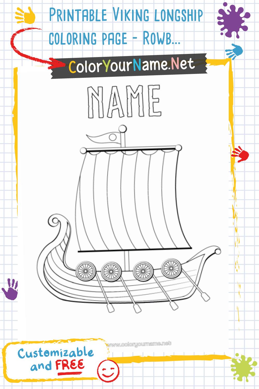 Printable Viking longship coloring page – Rowboat with customizable name