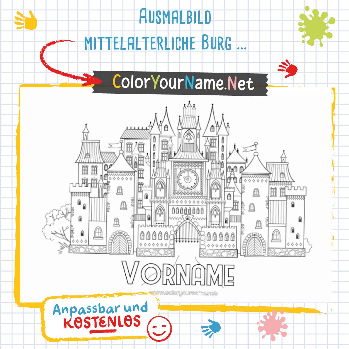 Ausmalbild mittelalterliche Burg zum Ausdrucken