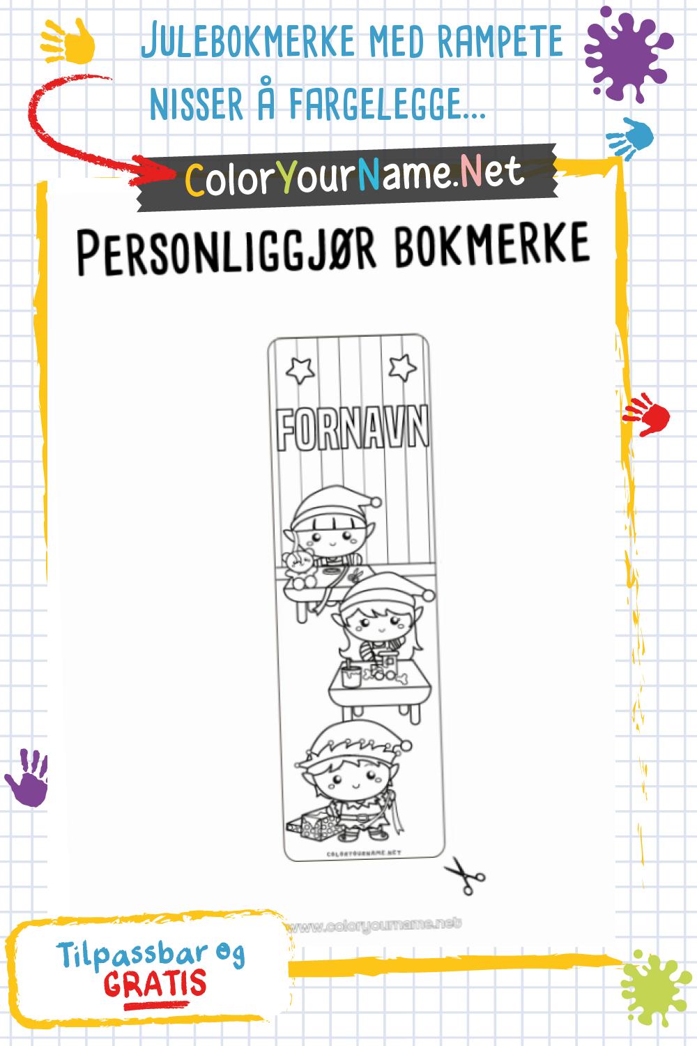 Julebokmerke med rampete nisser å fargelegge og tilpasse
