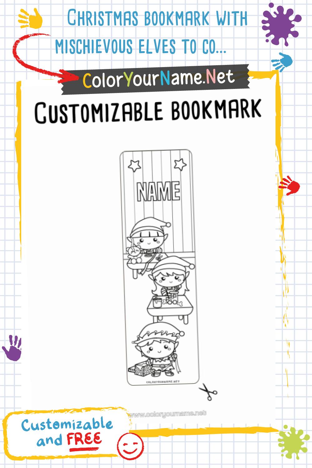 Christmas bookmark with mischievous elves to color and personalize.