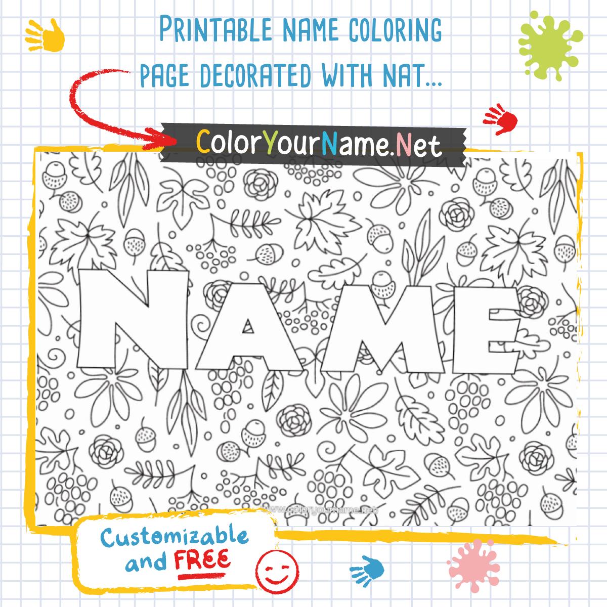 Printable name coloring page decorated with nature patterns and foliage.