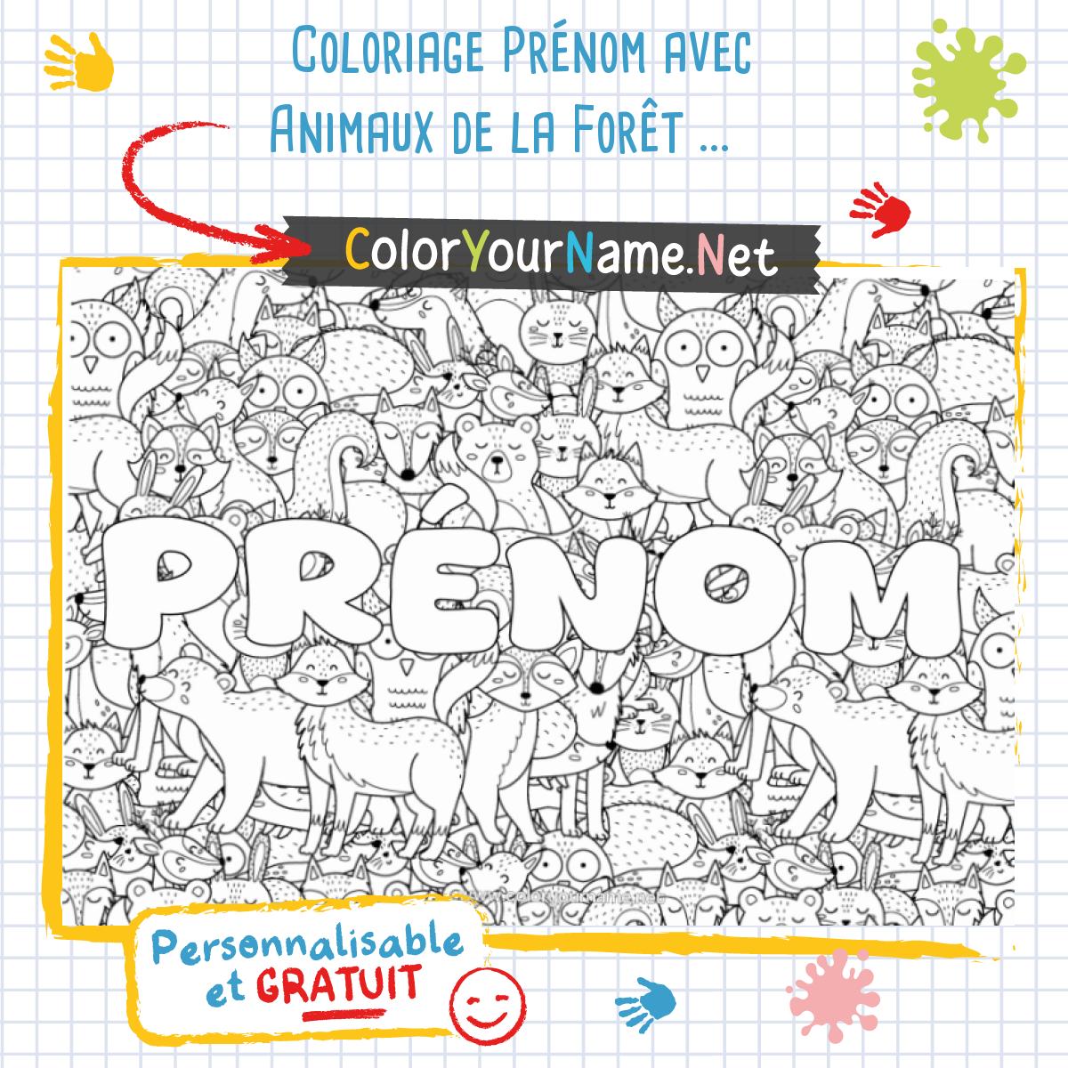 Coloriage Prénom avec Animaux de la Forêt – Dessin à Imprimer Personnalisé