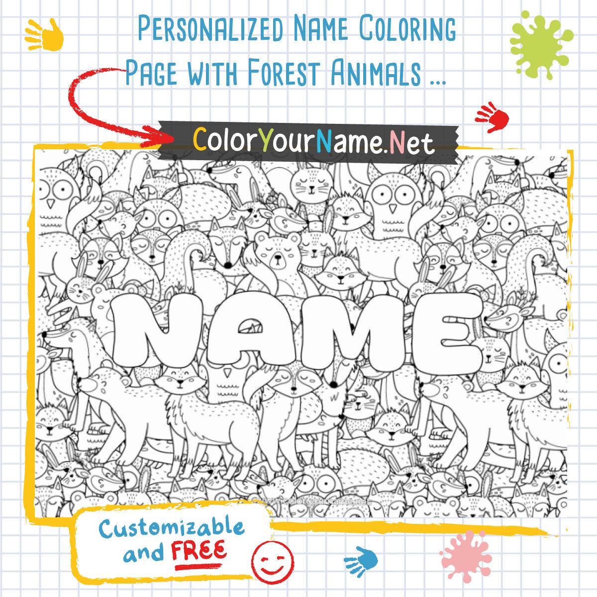 Personalized Name Coloring Page with Forest Animals – Printable Drawing