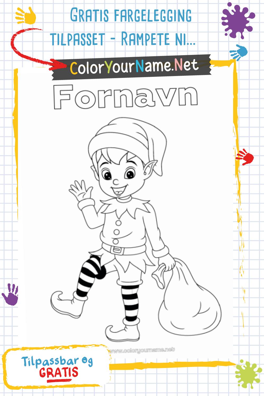 Gratis fargelegging tilpasset - Rampete nisse med sin leketøyssekk