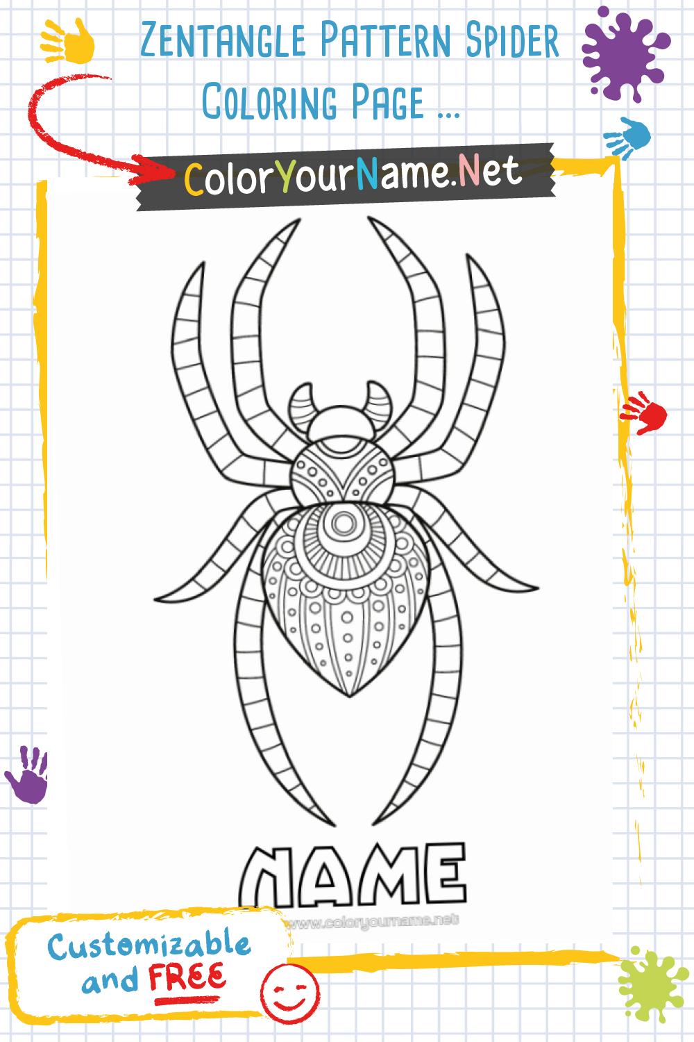 Zentangle Pattern Spider Coloring Page – Customizable Design
