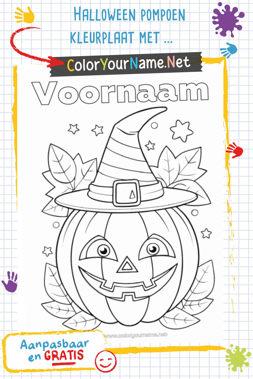 Halloween pompoen kleurplaat met een heksenhoed
