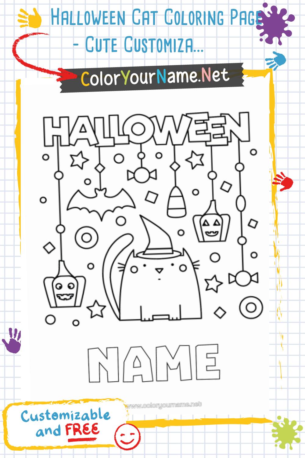 Halloween Cat Coloring Page – Cute Customizable Drawing with Name to Print