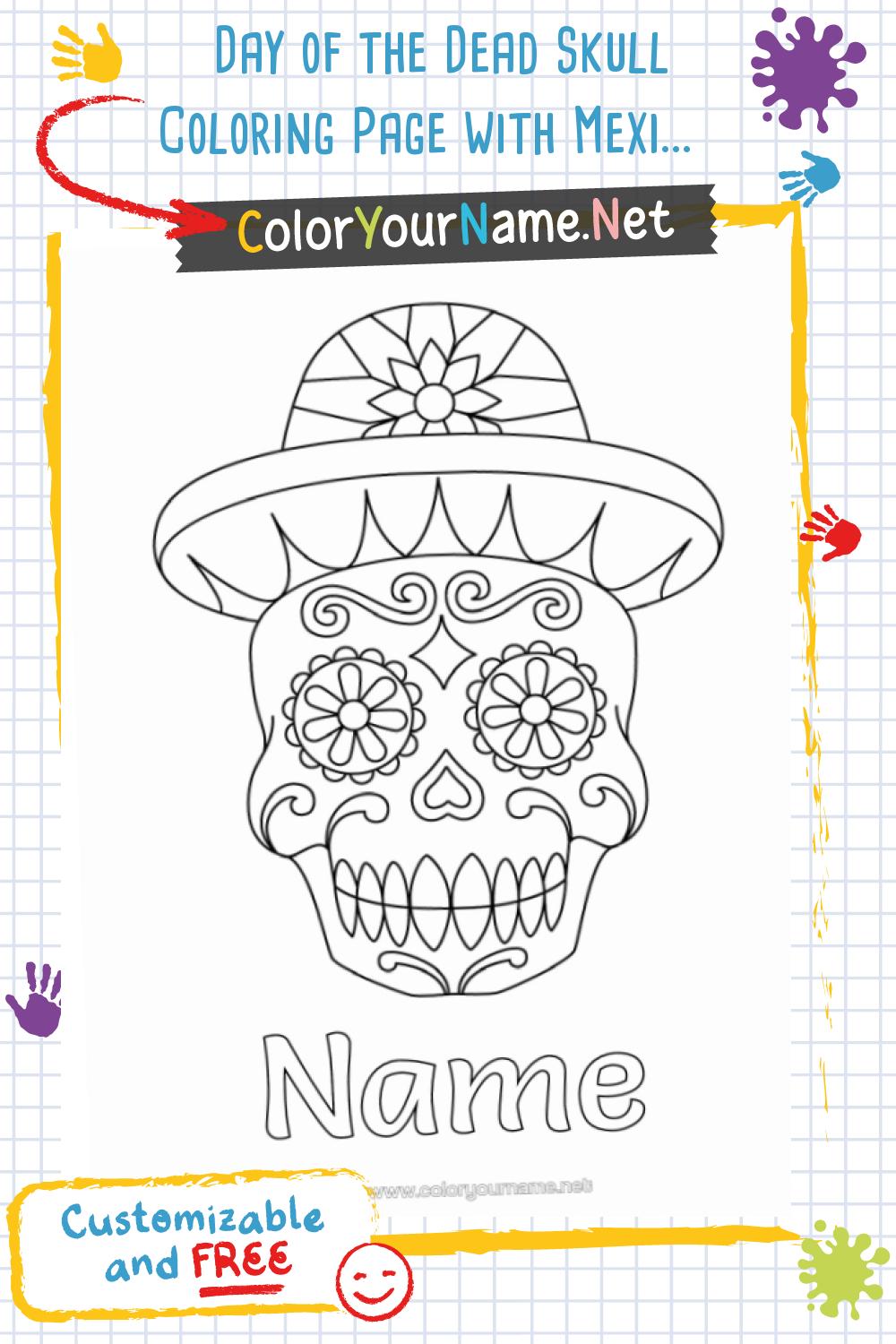 Day of the Dead Skull Coloring Page with Mexican Hat