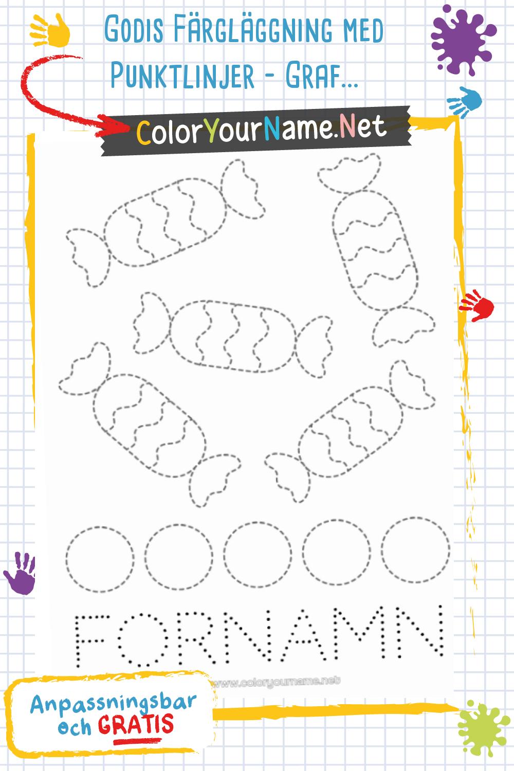 Godis Färgläggning med Punktlinjer – Grafisk Aktivitet med Namn att Spåra