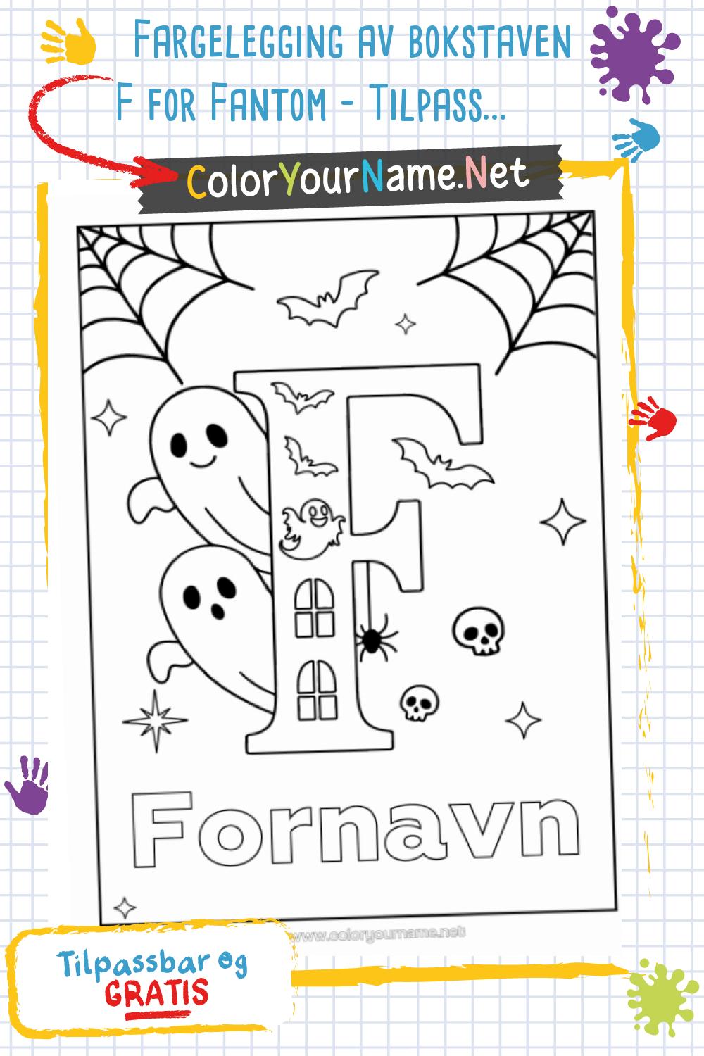 Fargelegging av bokstaven F for Fantom – Tilpassbar Halloween-fargelegging