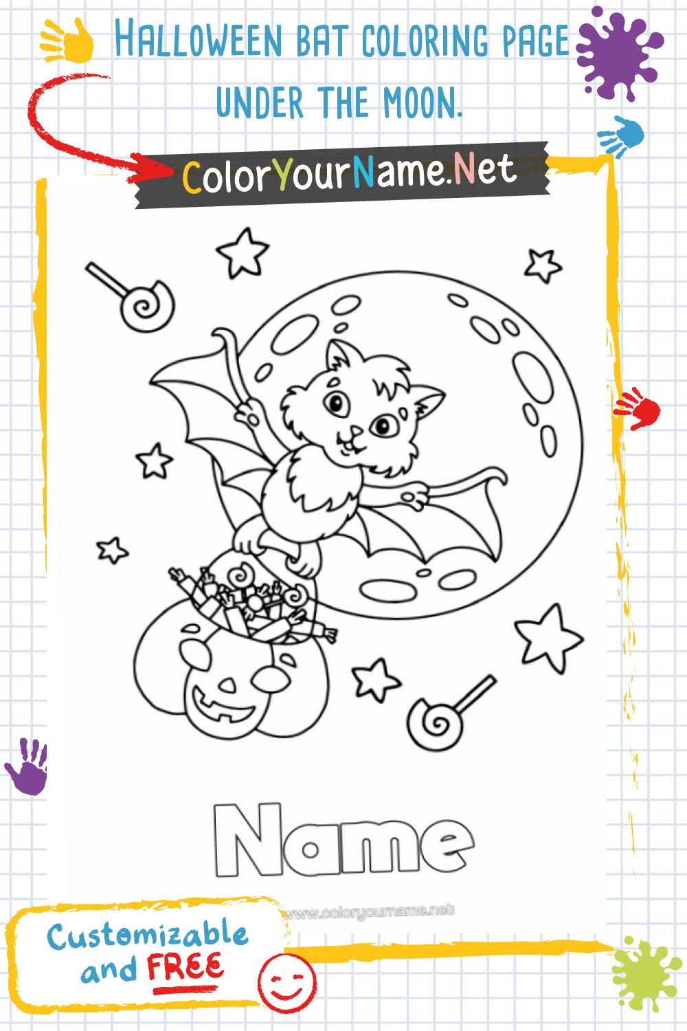 Halloween bat coloring page under the moon.