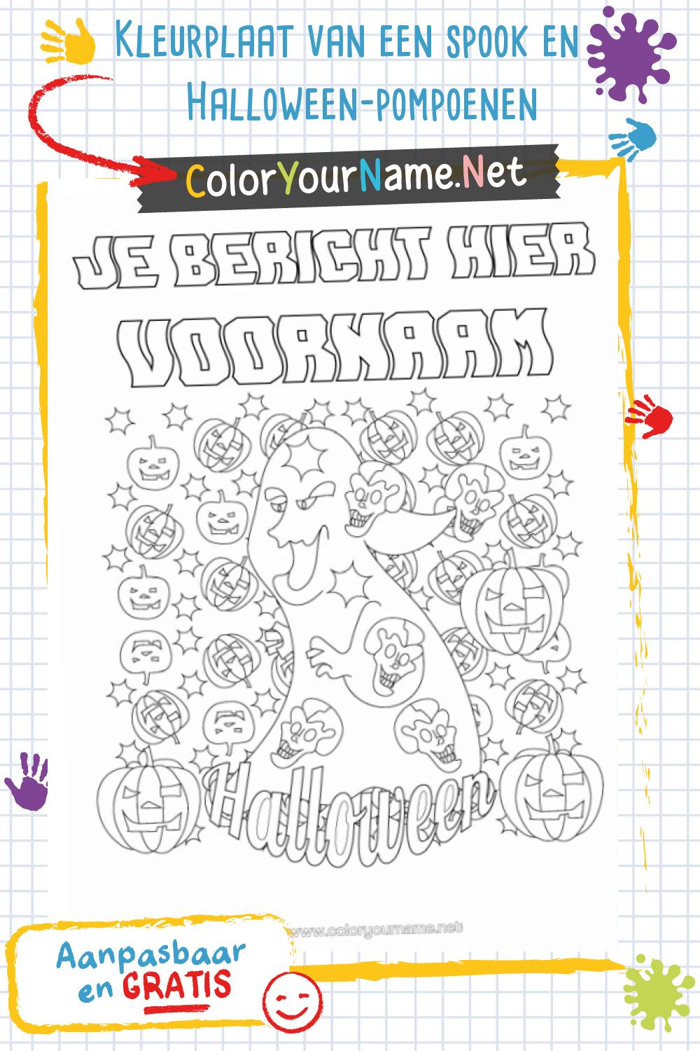 Kleurplaat van een spook en Halloween-pompoenen