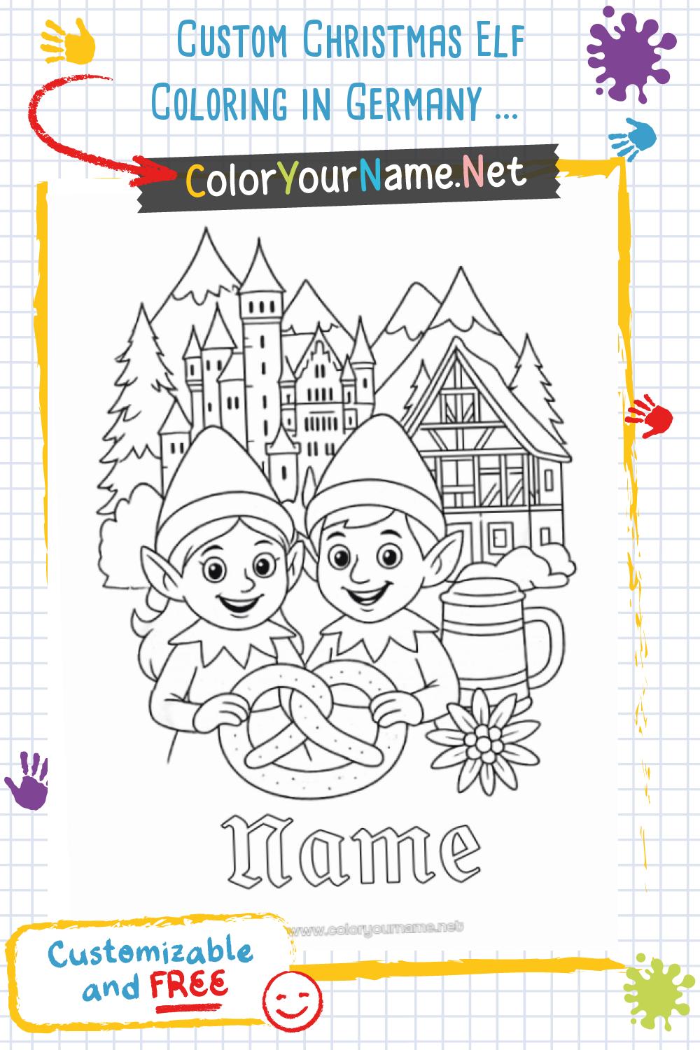 Custom Christmas Elf Coloring in Germany – Pretzel and Bavarian Castle