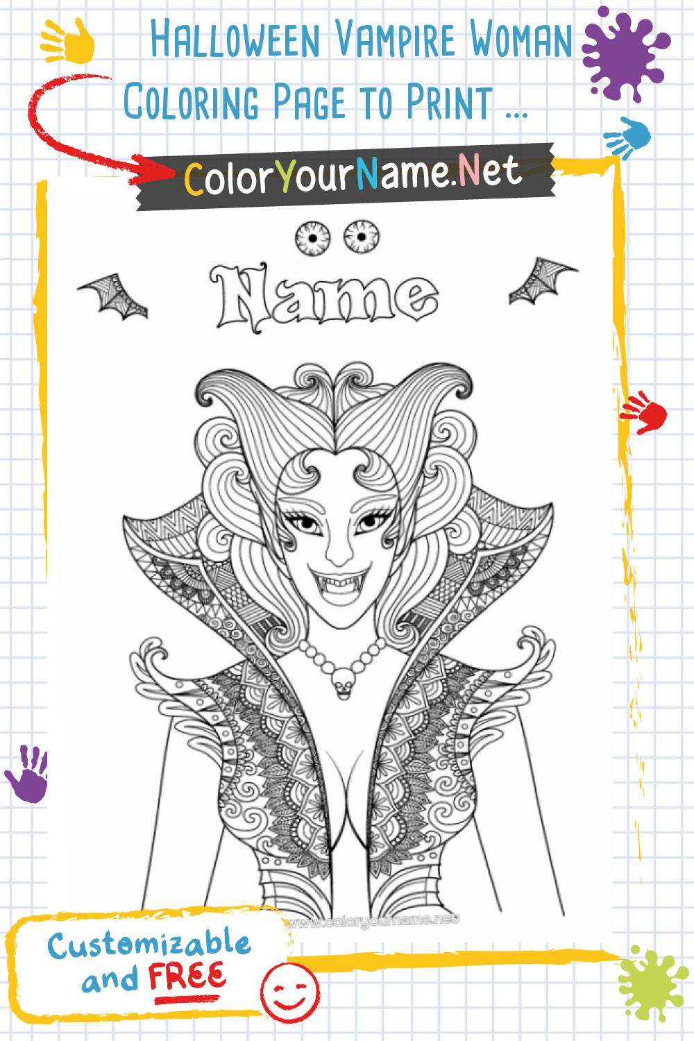 Halloween Vampire Woman Coloring Page to Print – Elegant, Mysterious ...