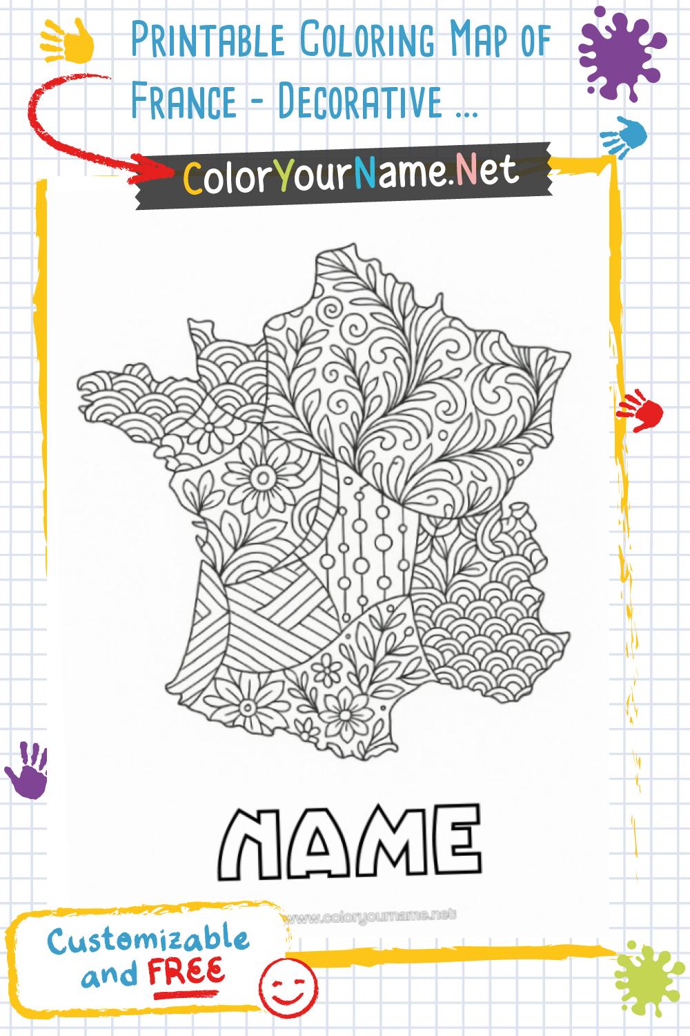 Printable Coloring Map of France – Decorative and Floral Zentangle Design