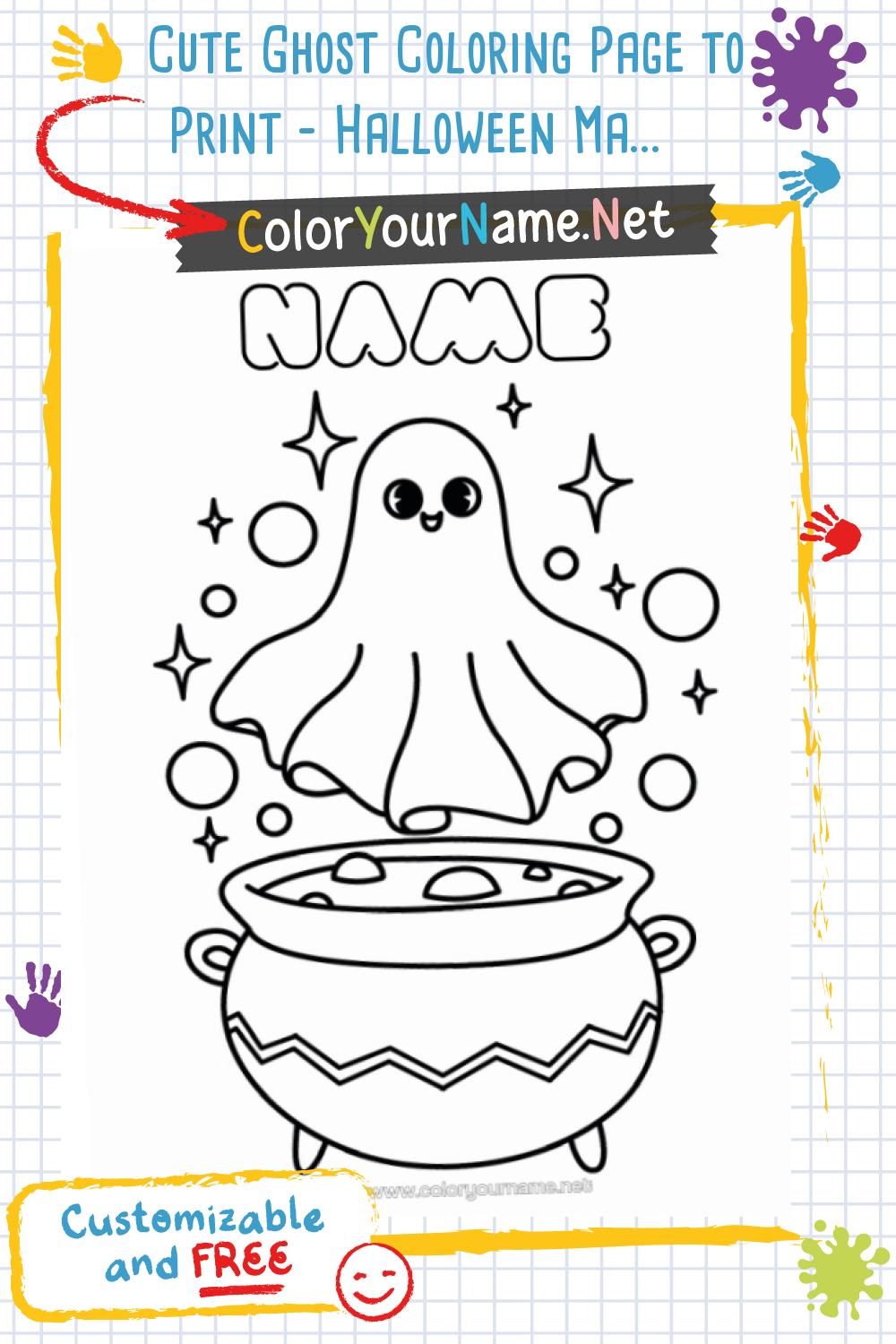 Cute Ghost Coloring Page to Print – Halloween Magic Cauldron