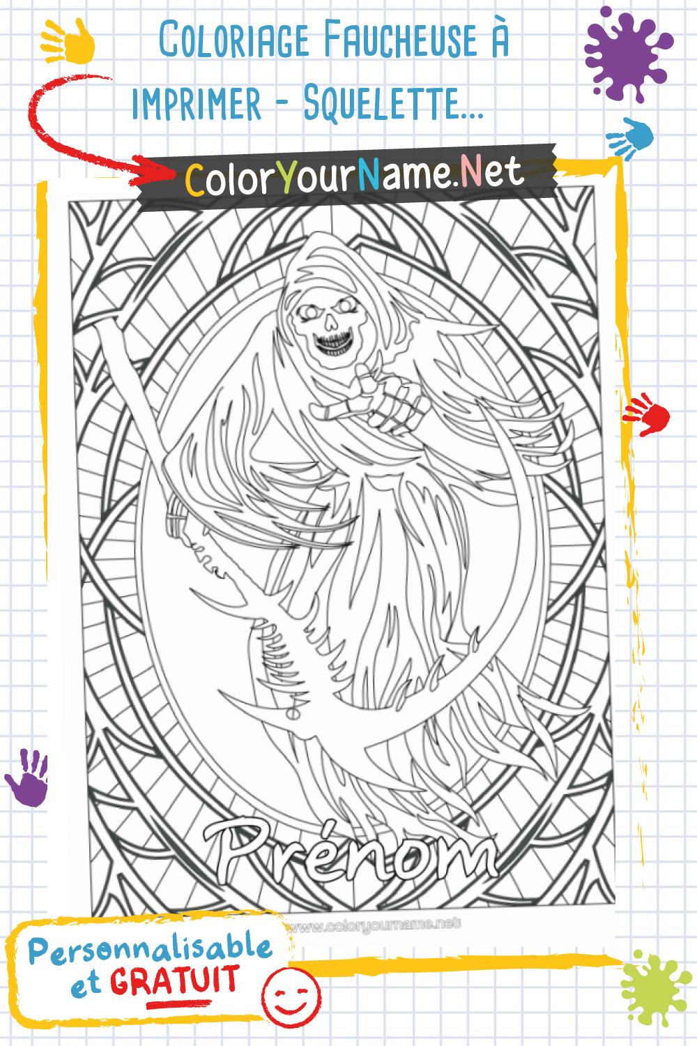 Coloriage Faucheuse à imprimer – Squelette et grande faux