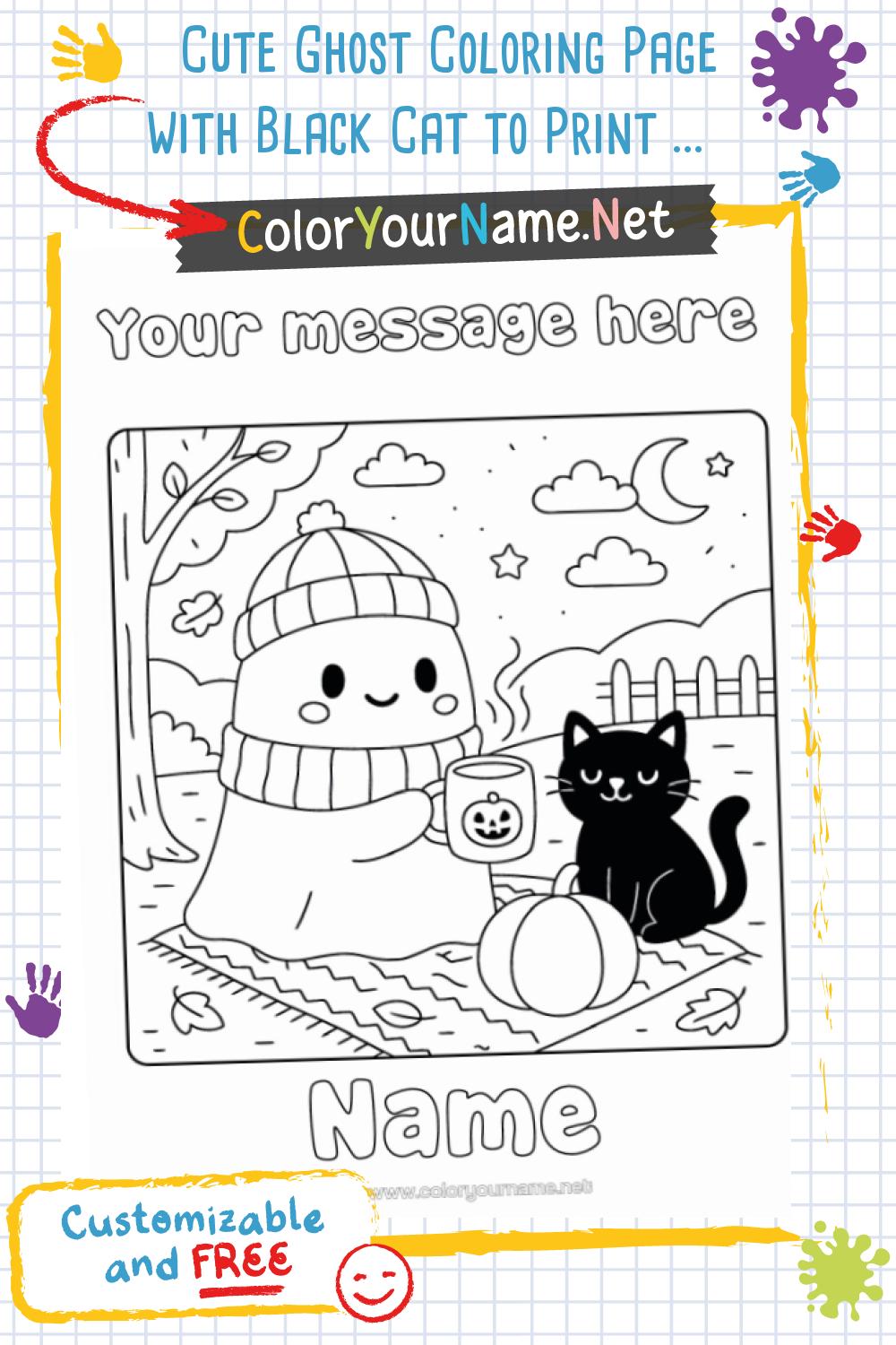 Cute Ghost Coloring Page with Black Cat to Print – Kawaii Halloween Night
