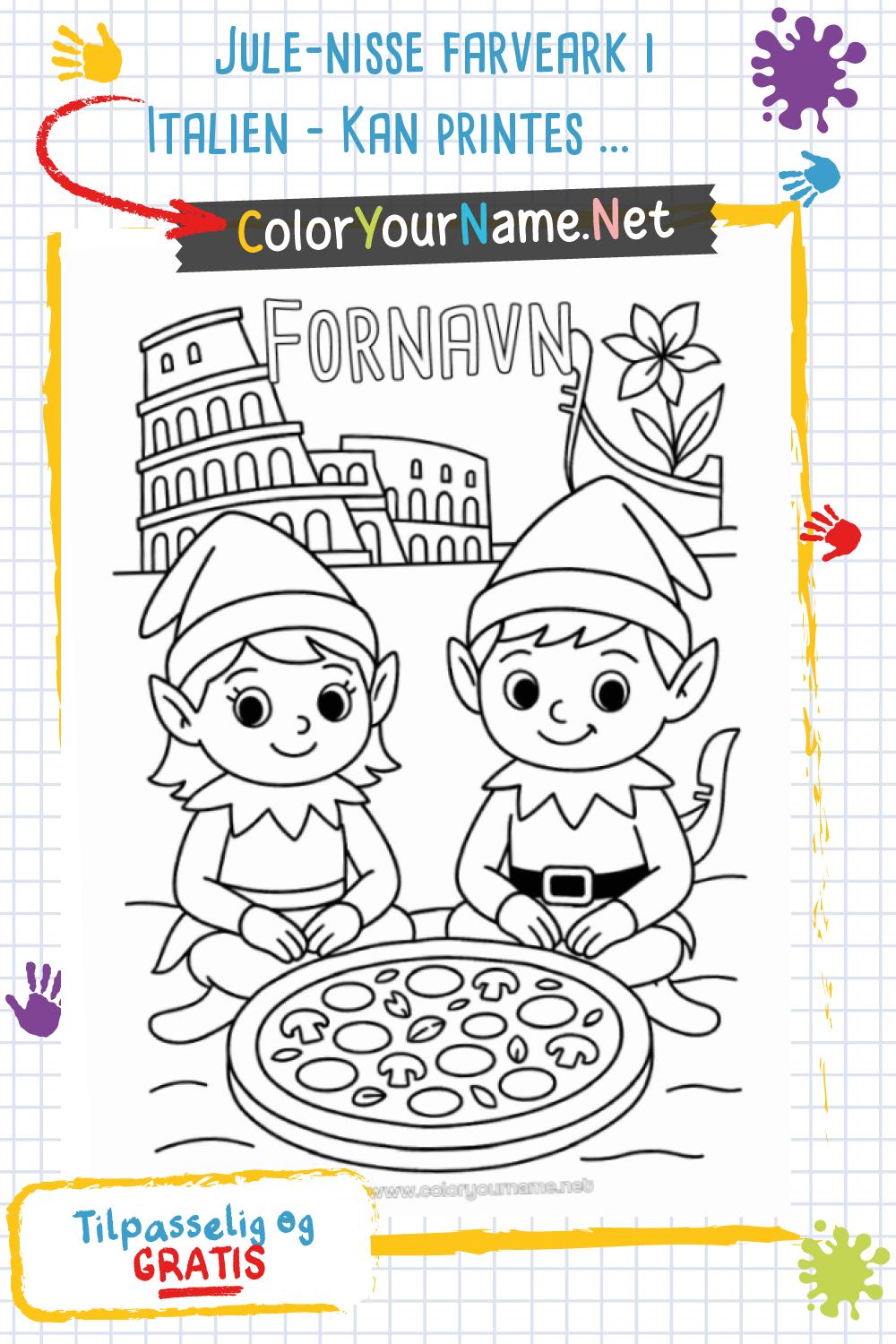 Jule-nisse farveark i Italien – Kan printes med navn