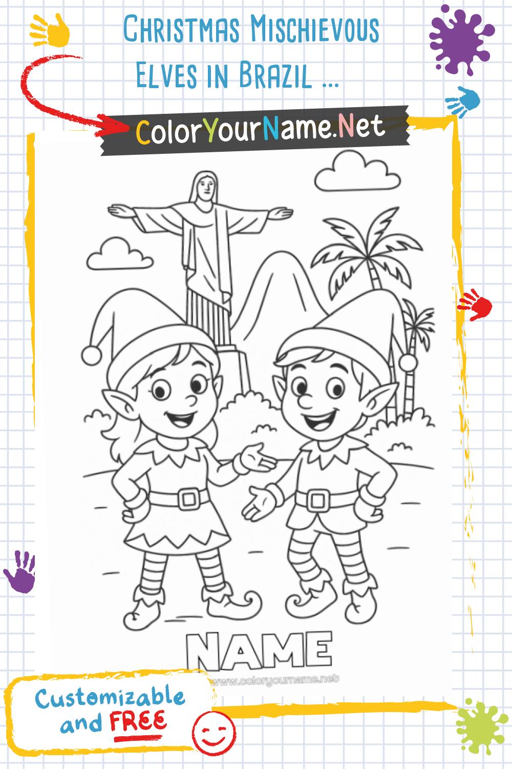 Christmas Mischievous Elves in Brazil – Printable Coloring Page with Name