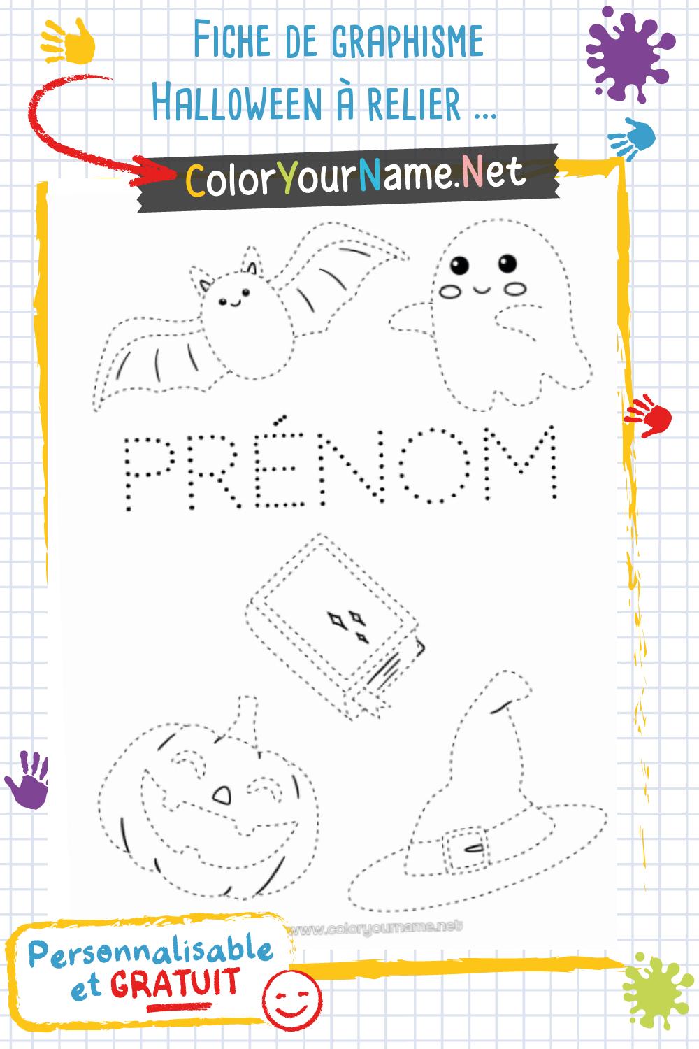 Fiche de graphisme Halloween à relier – Activité prénom à points à imprimer