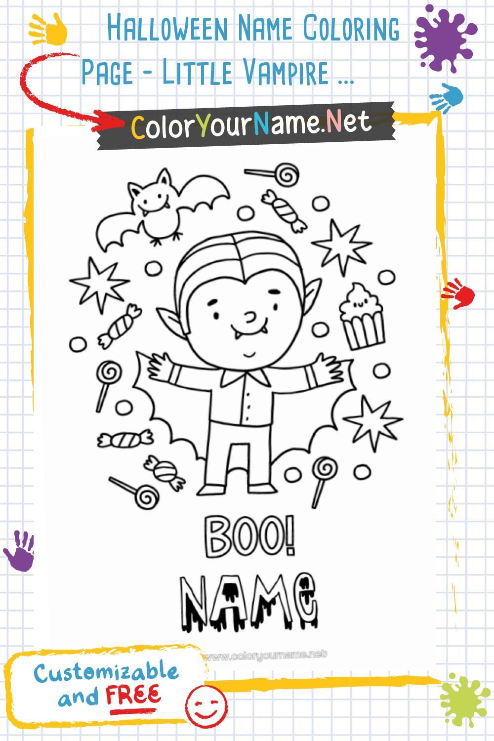 Halloween Name Coloring Page – Little Vampire and Candy to Print