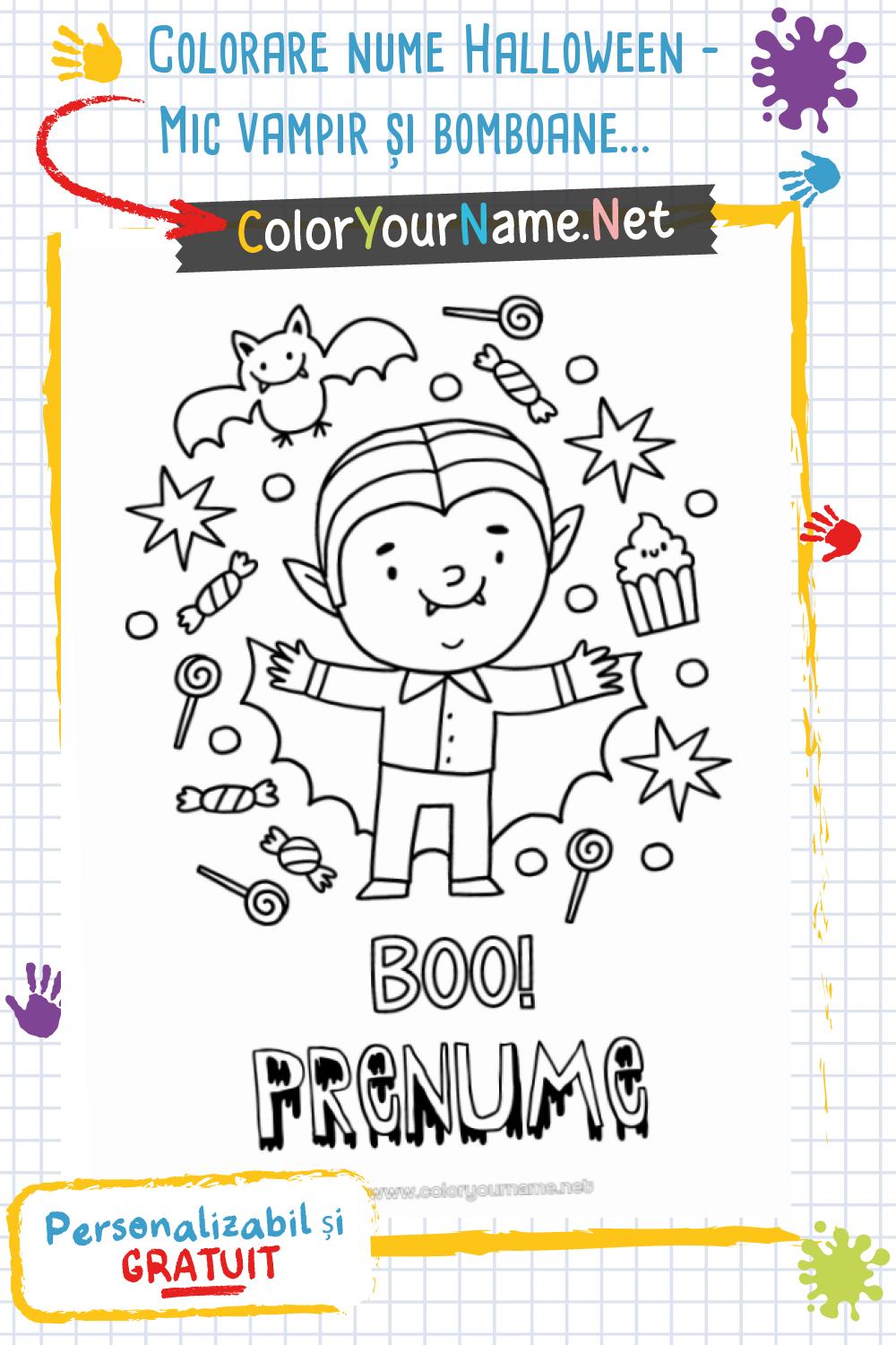 Colorare nume Halloween – Mic vampir și bomboane de imprimat