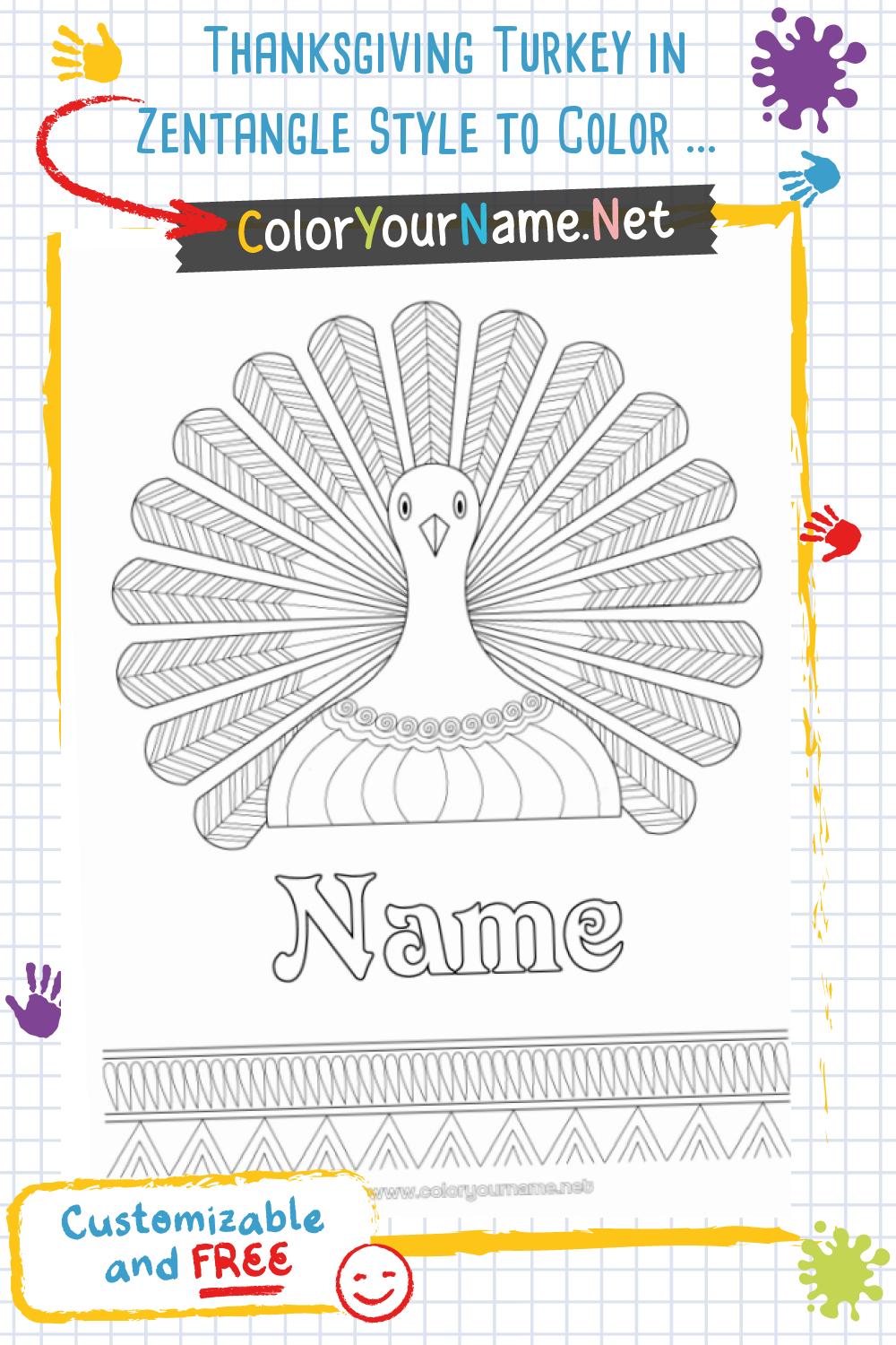 Thanksgiving Turkey in Zentangle Style to Color – with Customizable Message
