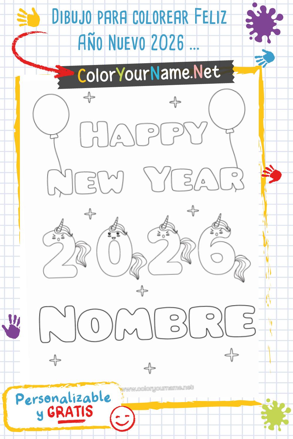 Dibujo para colorear Feliz Año Nuevo 2026 con unicornios ...