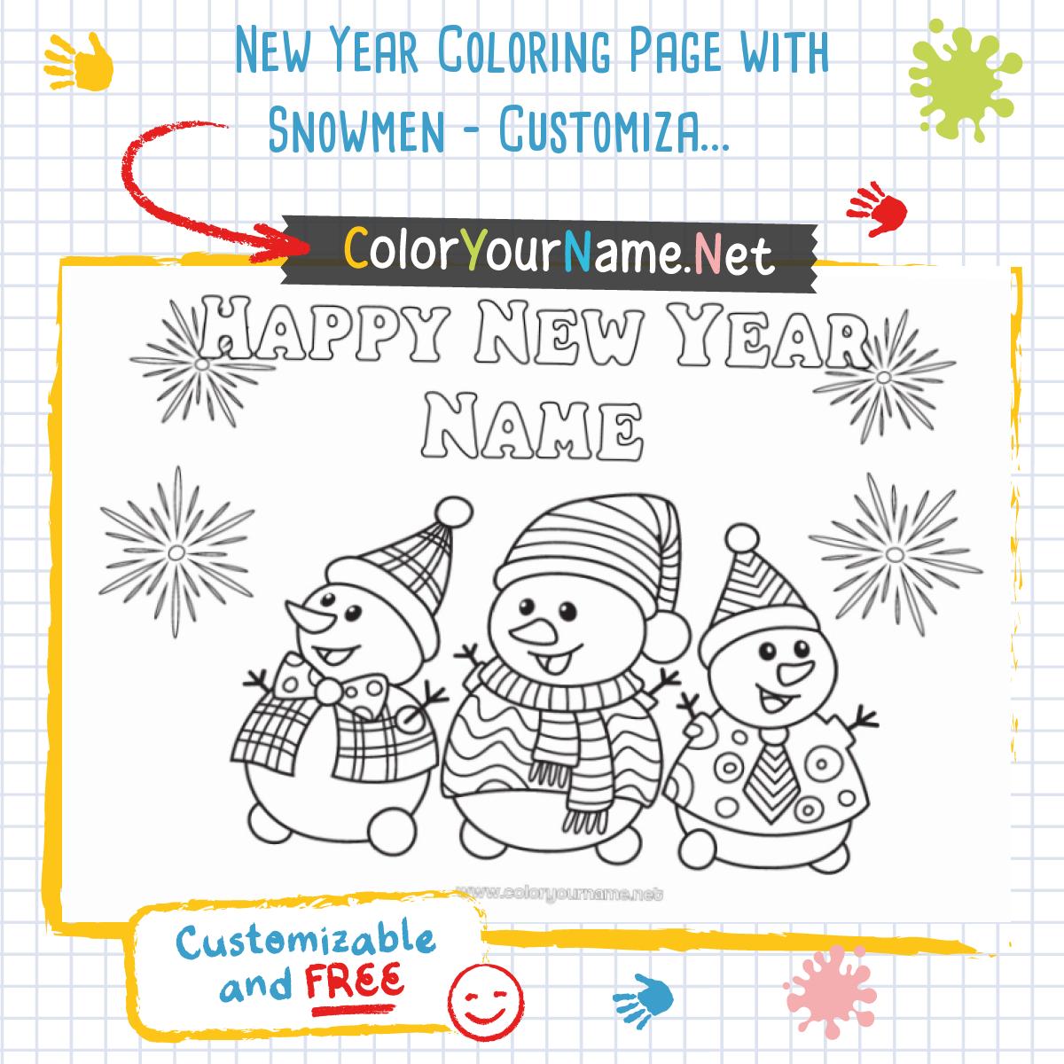 New Year Coloring Page with Snowmen – Customizable Message and Name