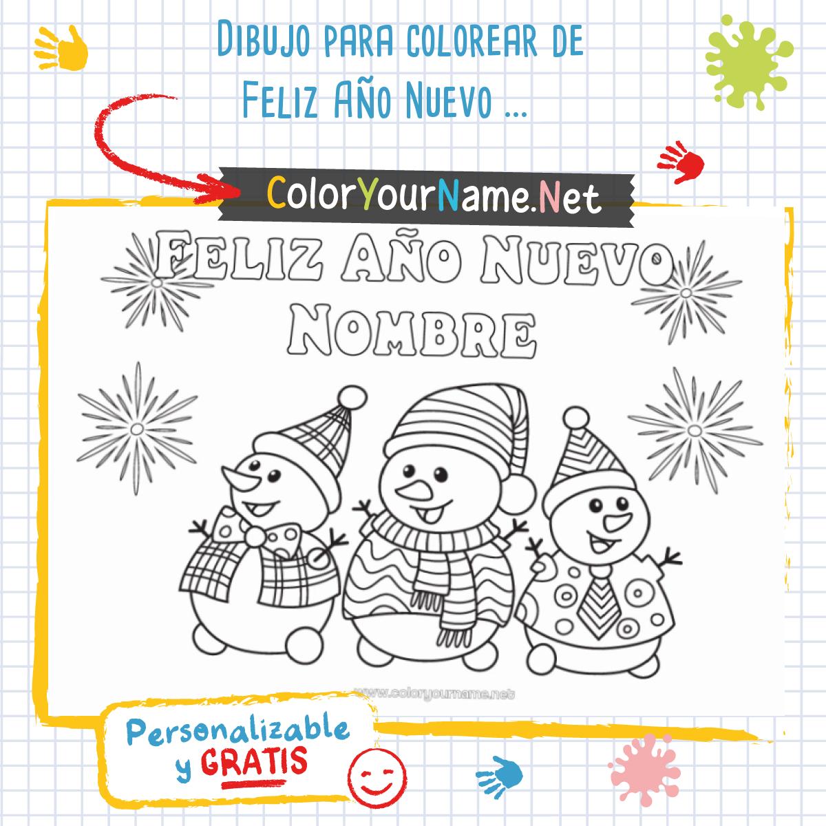 Dibujo para colorear de Feliz Año Nuevo con muñecos de nieve - Mensaje ...
