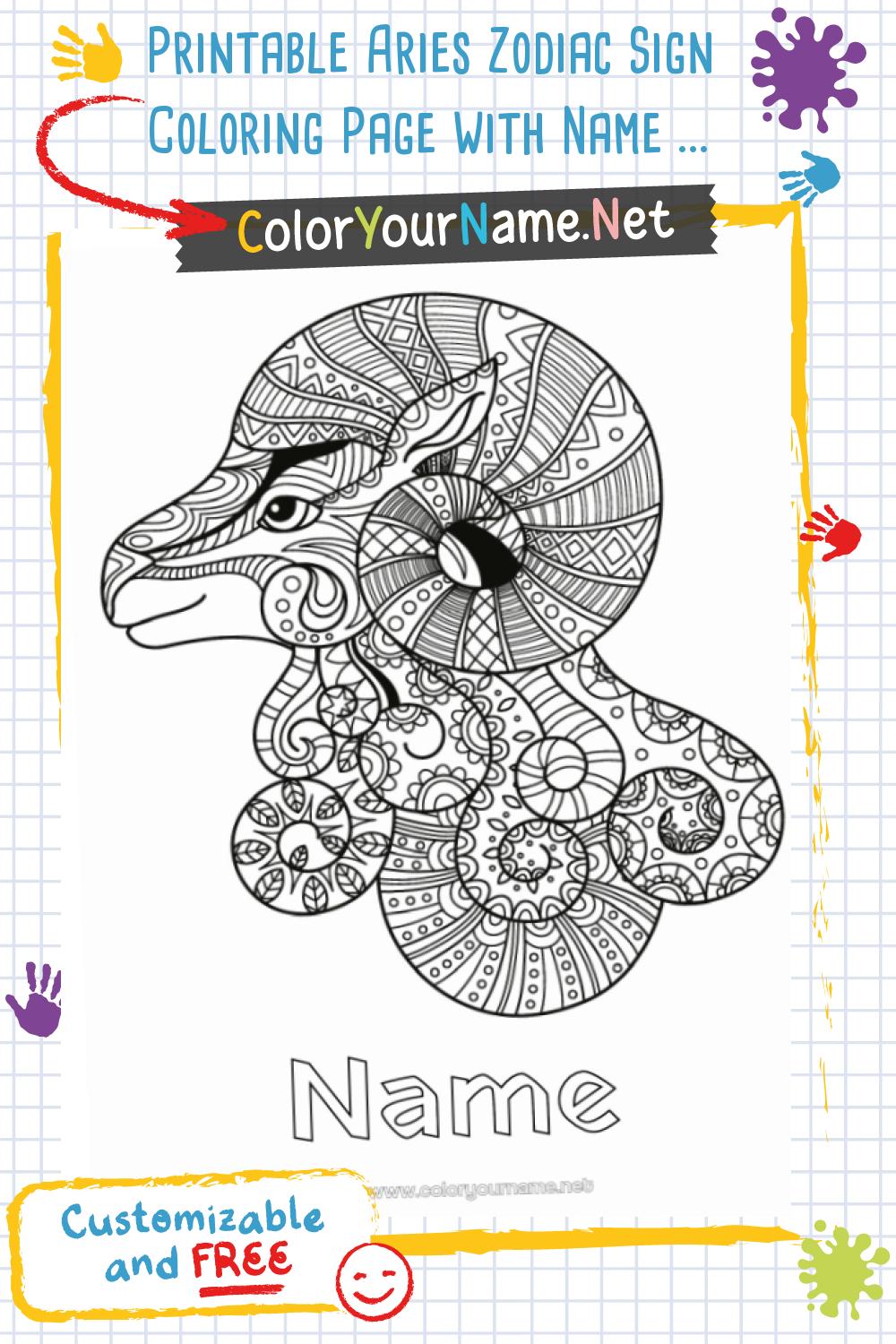 Printable Aries Zodiac Sign Coloring Page with Name – Detailed ...