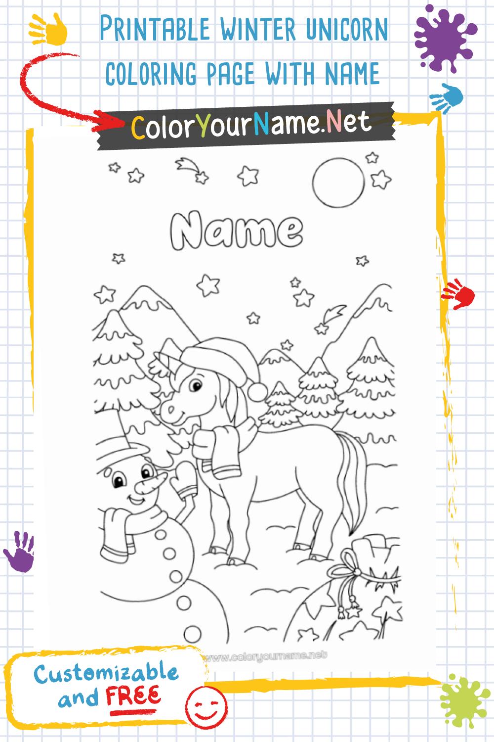 Printable winter unicorn coloring page with name