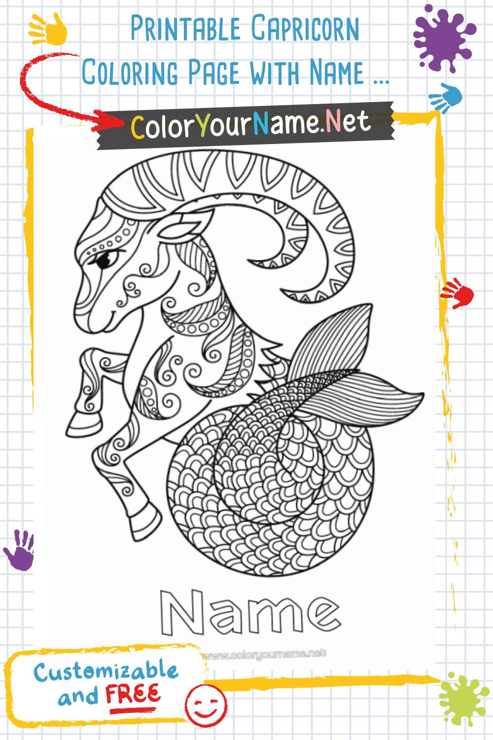 Printable Capricorn Coloring Page with Name – Free Zodiac Sign to Color
