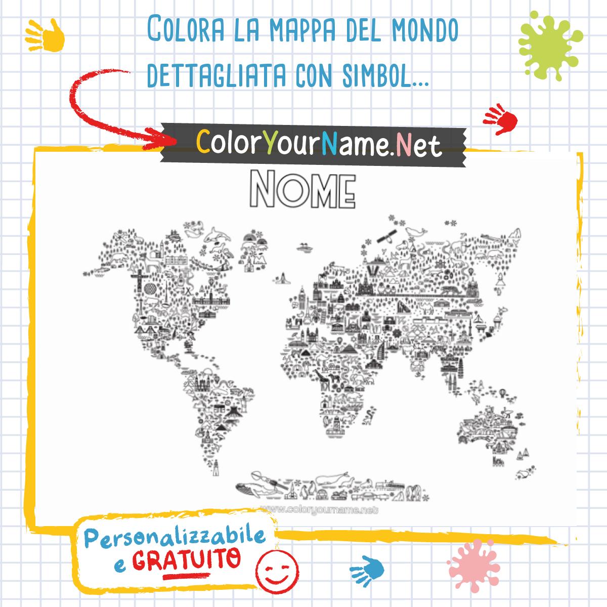 Colora la mappa del mondo dettagliata con simboli e monumenti da ...
