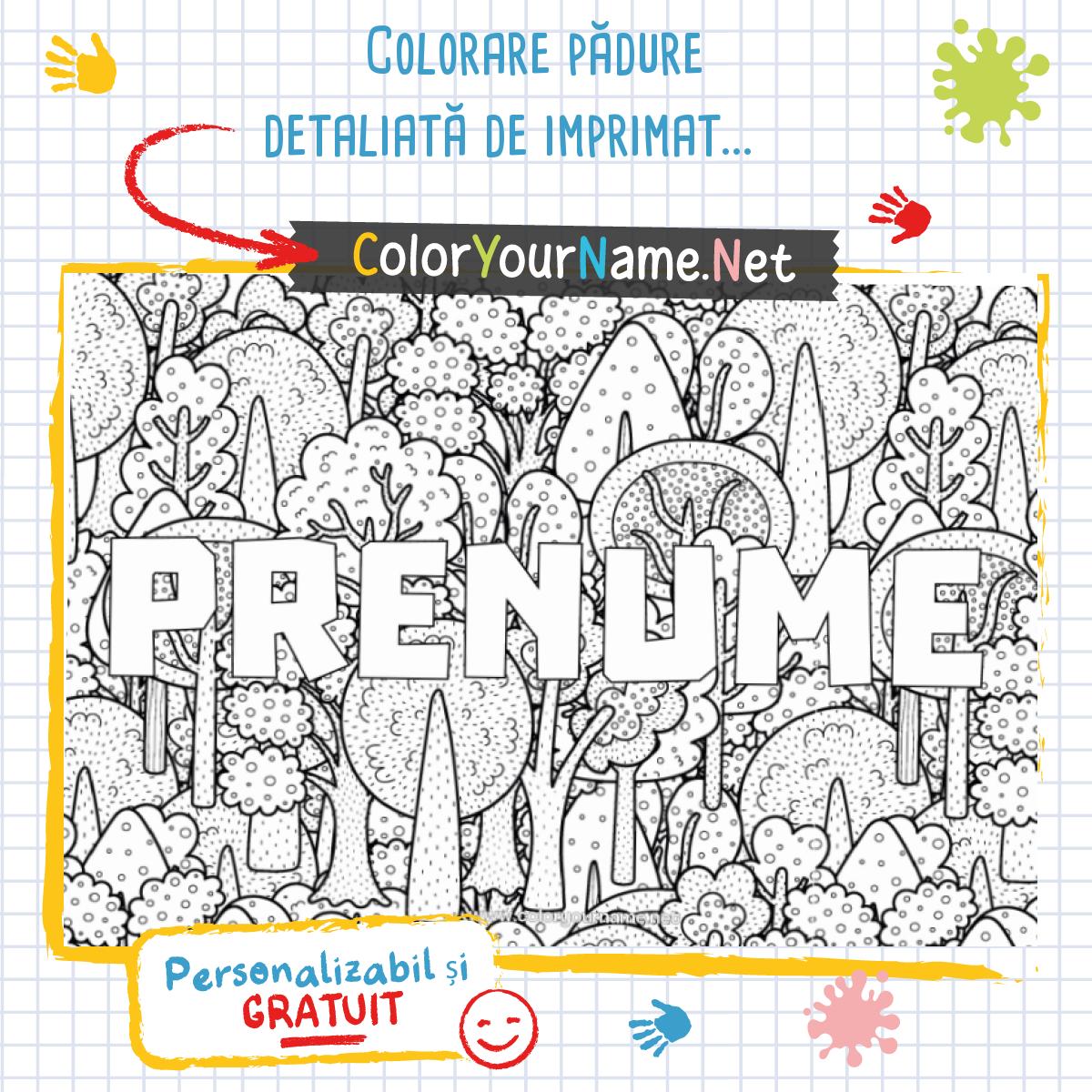 Colorare pădure detaliată de imprimat cu nume – copaci și natură de ...